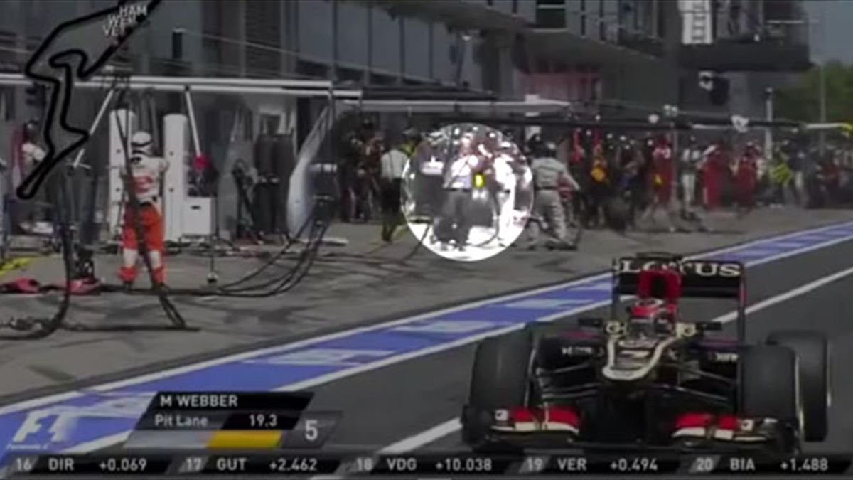 Flying wheel from Webber’s car hits pit lane TV cameraman - TNT Sports