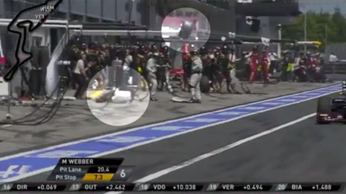 Flying wheel from Webber’s car hits pit lane TV cameraman - TNT Sports
