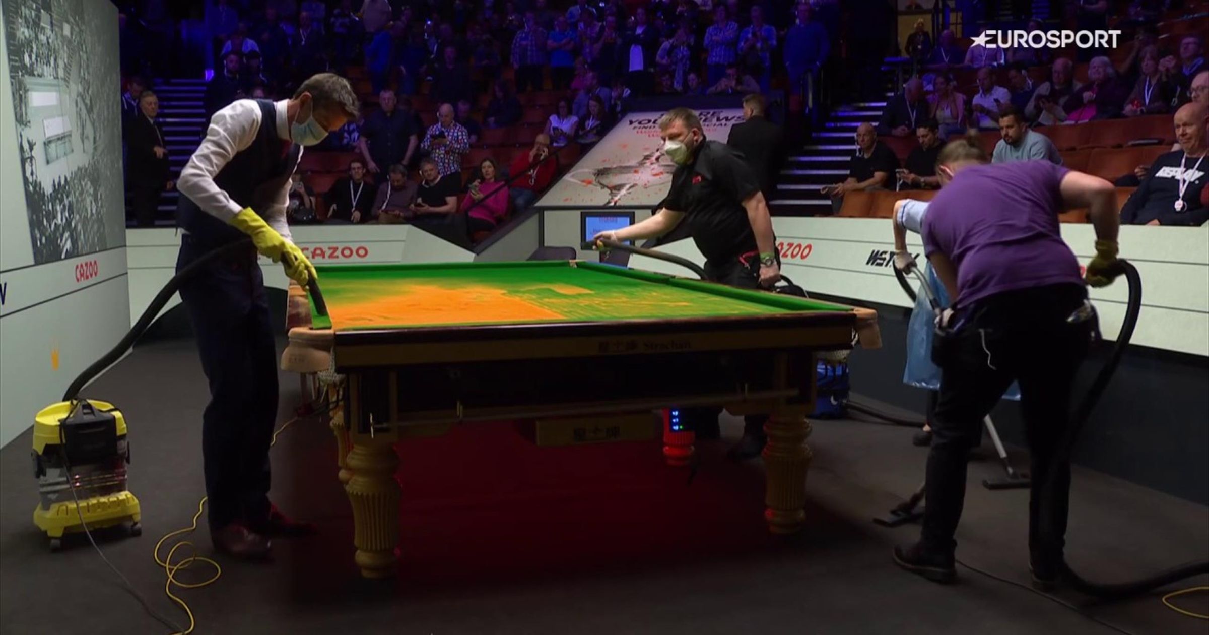 World Snooker Championship 2023: MC Rob Walker helps clean the table ...