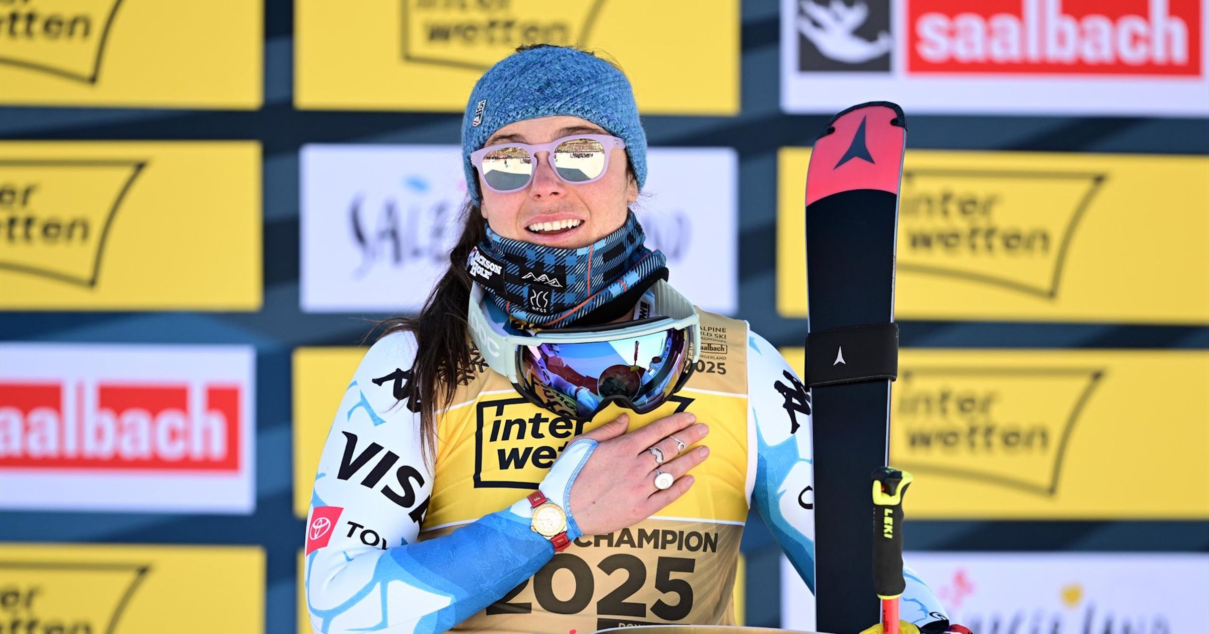 Watch as Breezy Johnson claims 2025 downhill world title with insane run wearing bib one ...