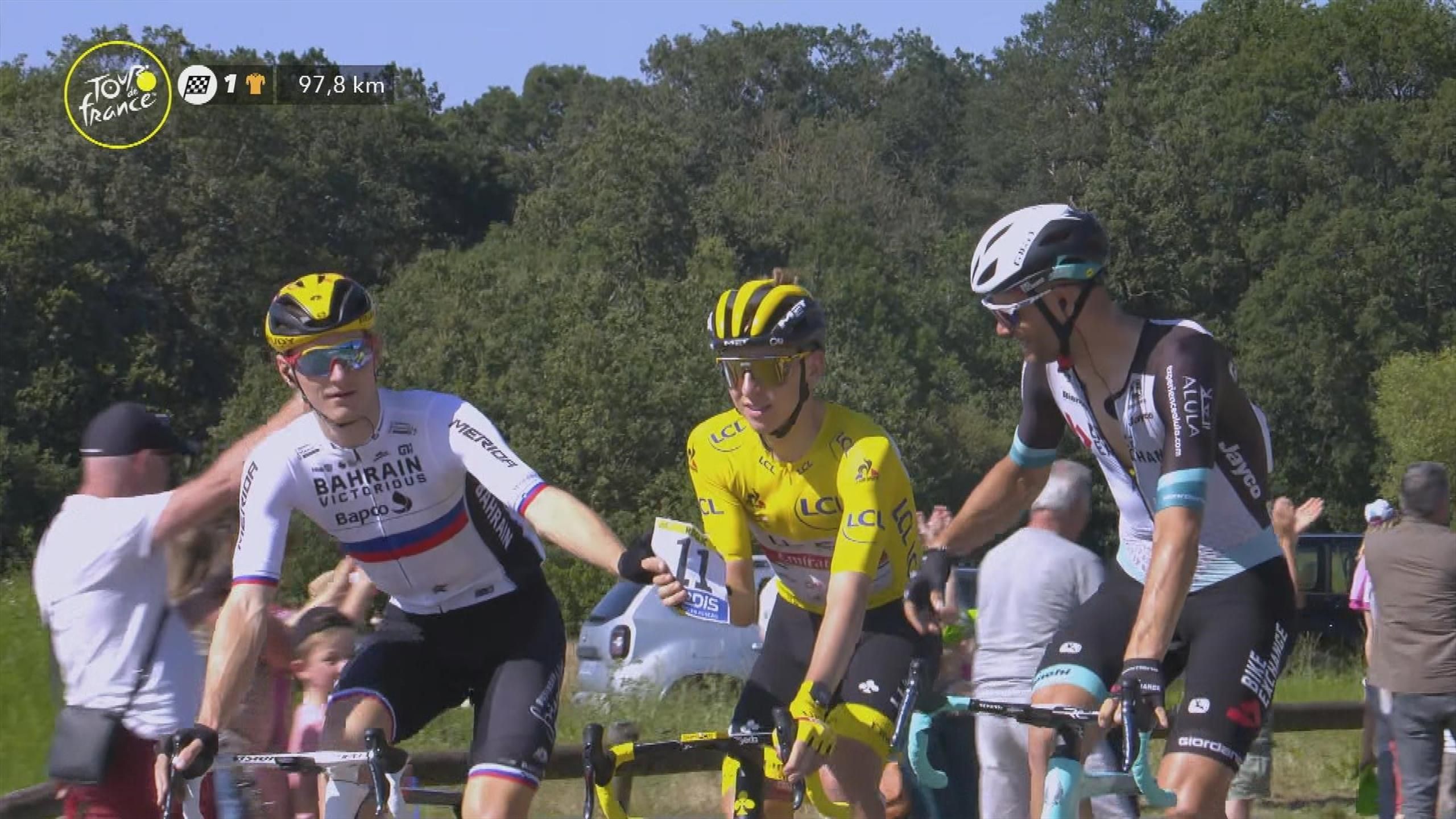 Tour de France 2021 - Tadej Pogacar holds up Primoz Roglic's number in ...