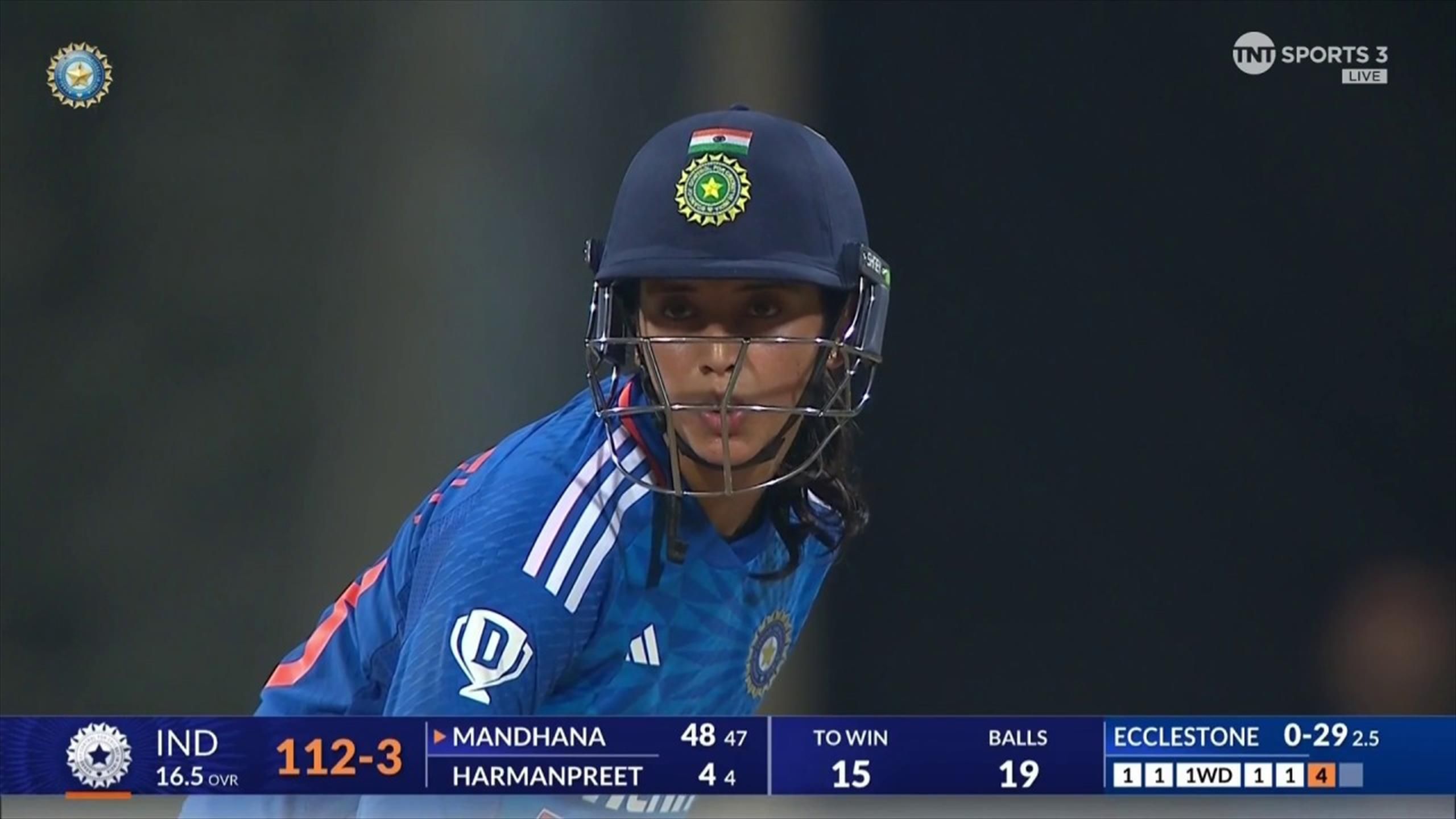 Smriti Mandhana caught by Sophia Dunkley on 48 as India chase England ...
