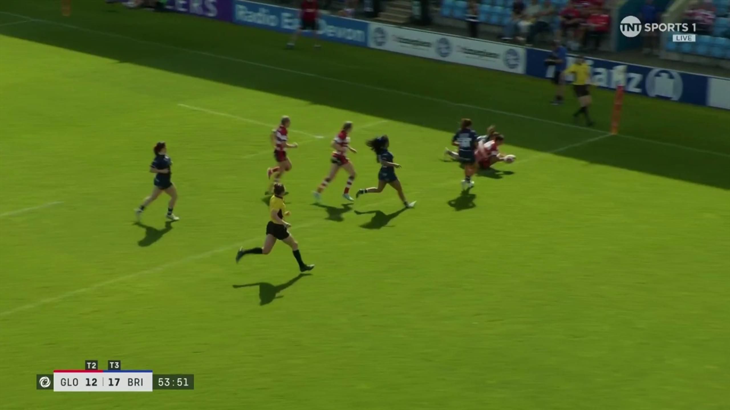 Pip Hendy goes over in corner for Gloucester-Hartpury against Bristol Bears in Allianz ...