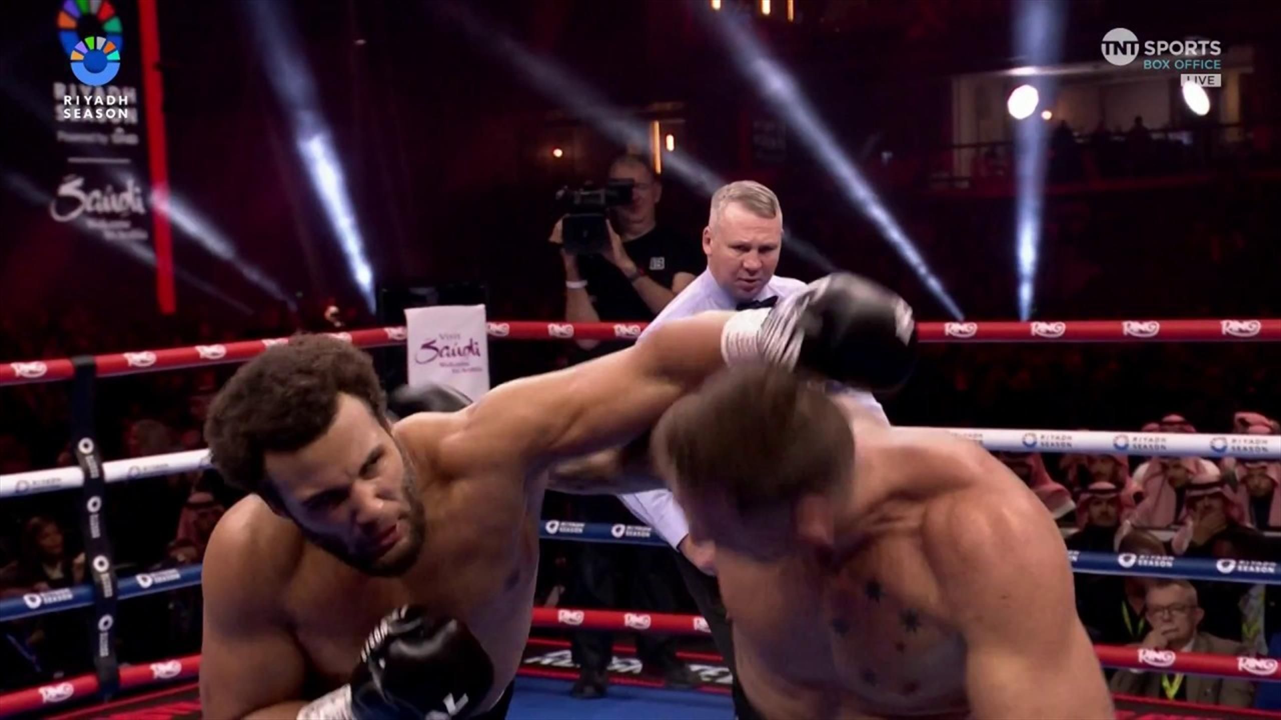 Moses Itauma reacts to seeing his knockout of Demsey McKean on the big screen as British ...