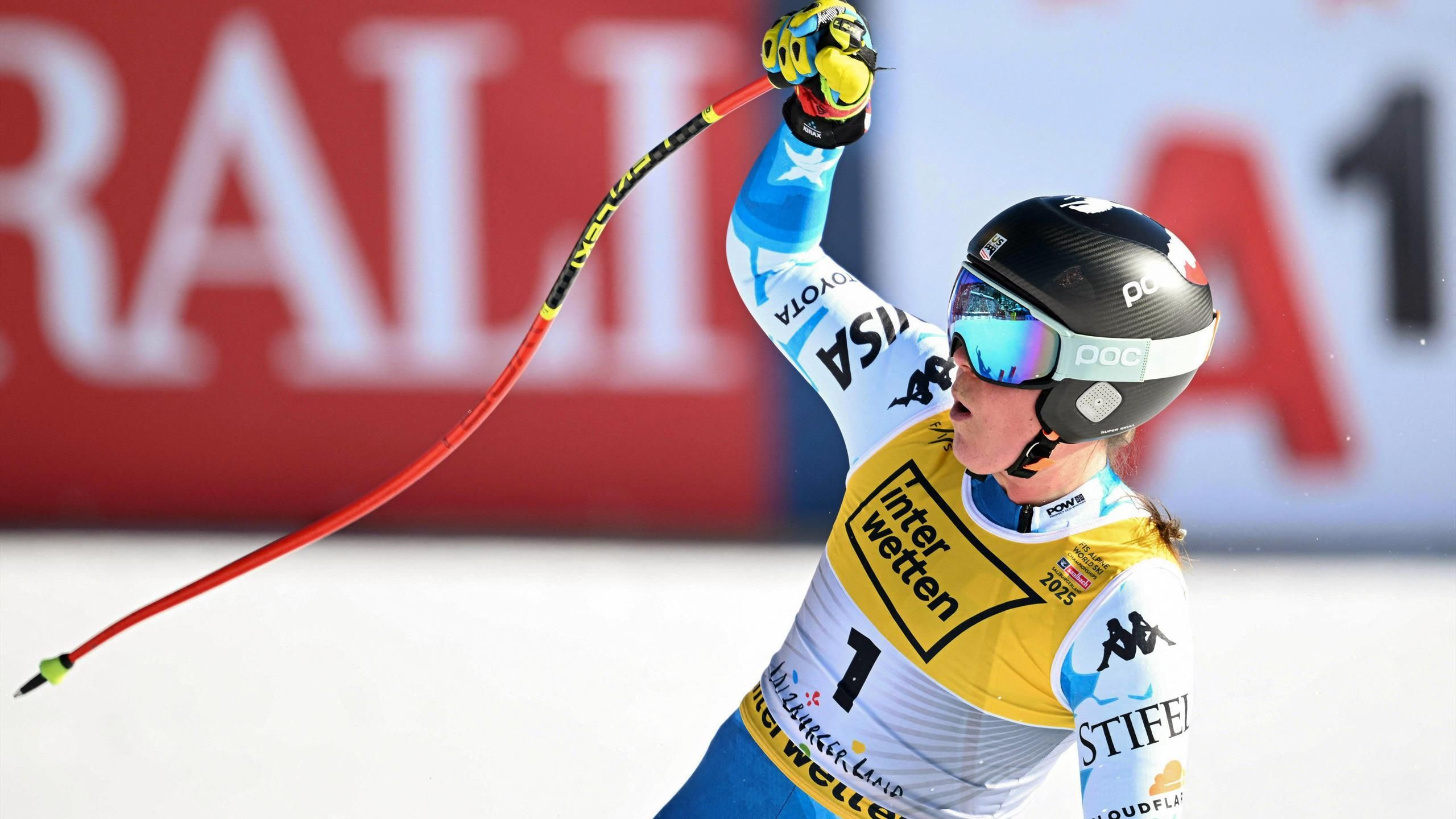 Watch as Breezy Johnson claims 2025 downhill world title with insane run wearing bib one ...