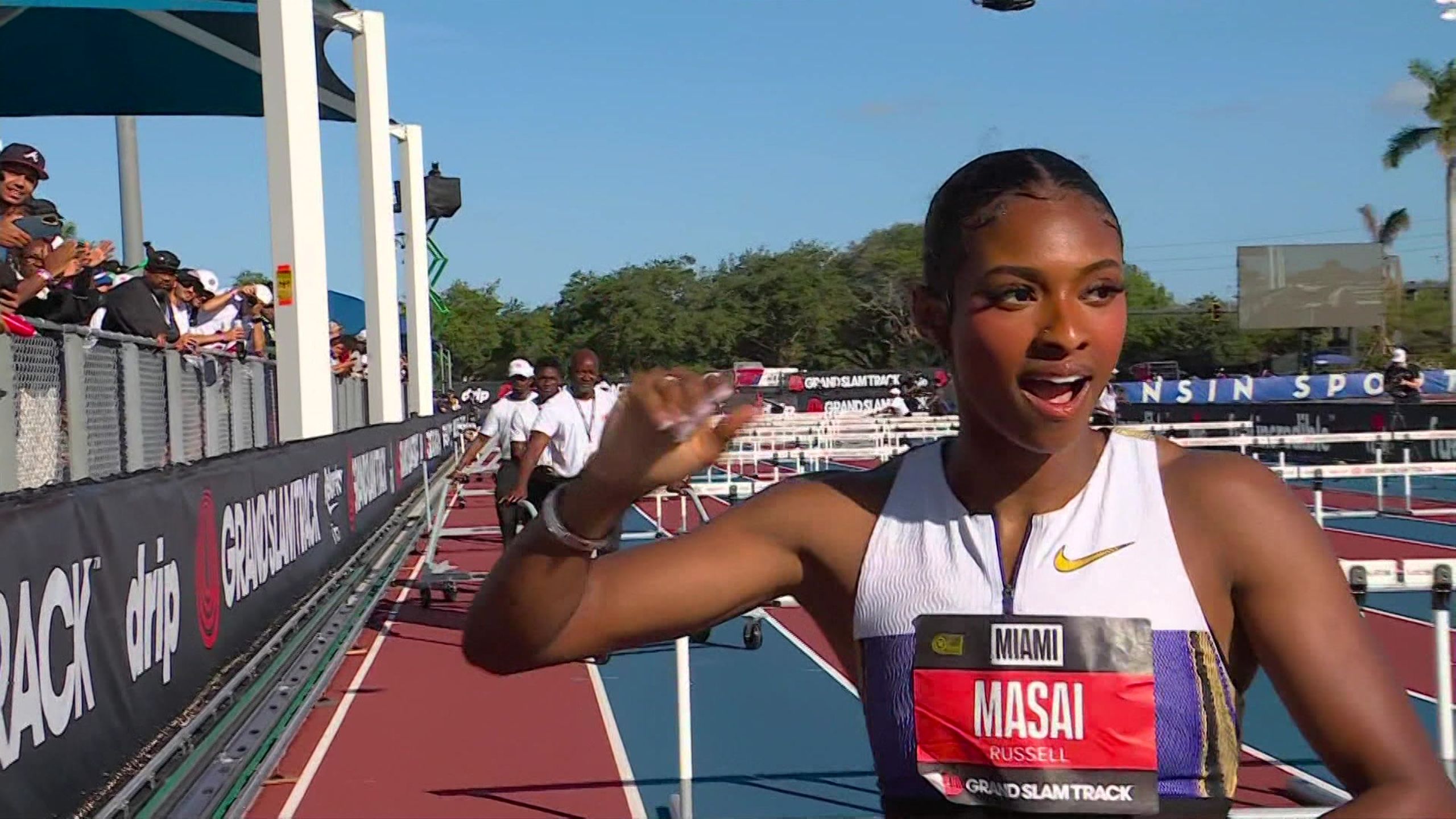 Masai Russell clocks best 100m hurdles time of 2025 in Grand Slam Track ...