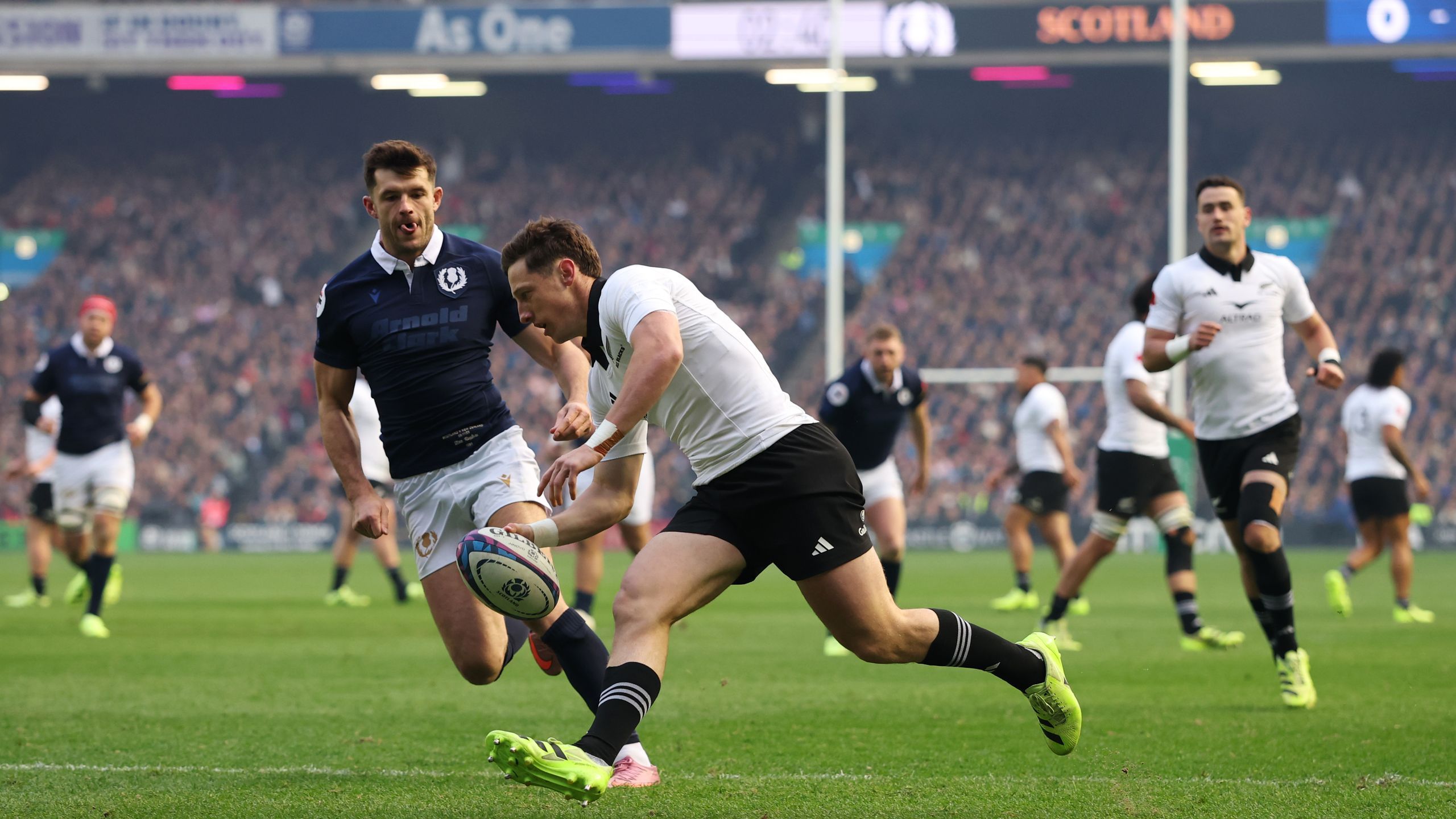 Cam Roigard dots down to open scoring for All Blacks against Scotland ...