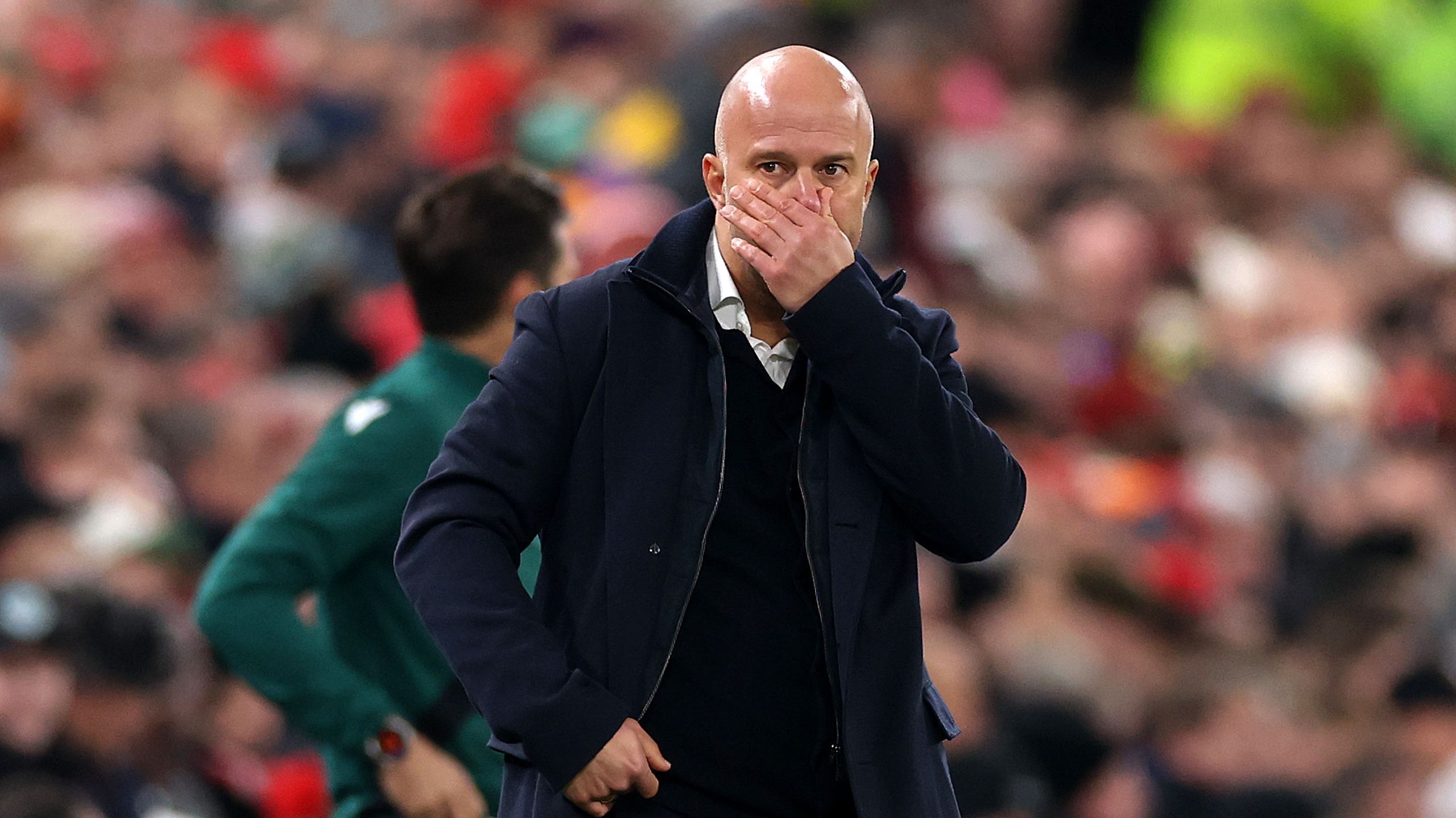 Distraught Arne Slot reacts to Liverpool thrashing against PSV in UEFA ...