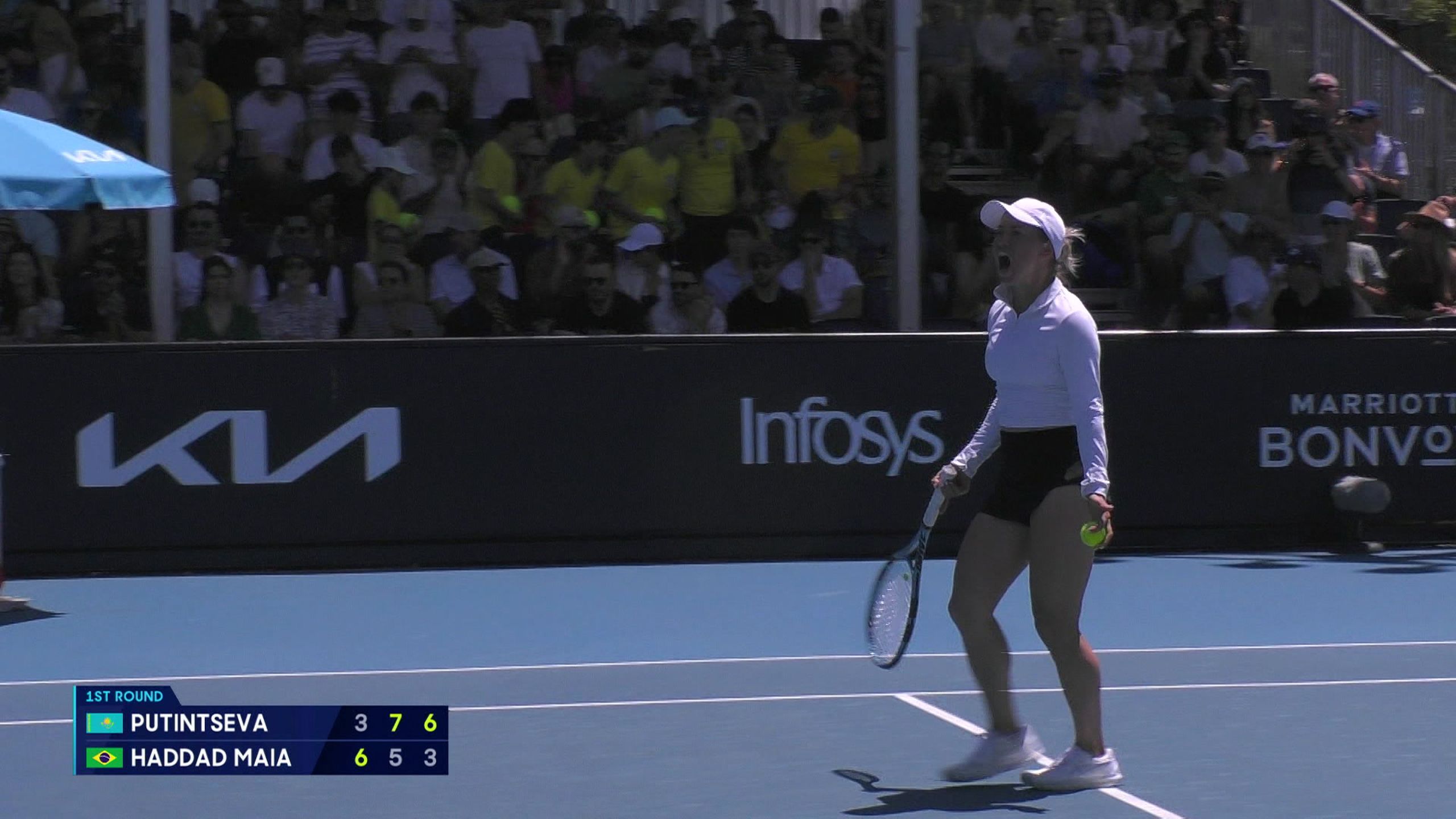 Yulia Putintseva reacts to fans by dancing as she celebrates winning ...