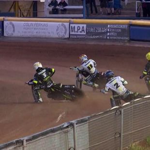All four Oxford Spires and Ipswich Witches riders down on turn two as ...